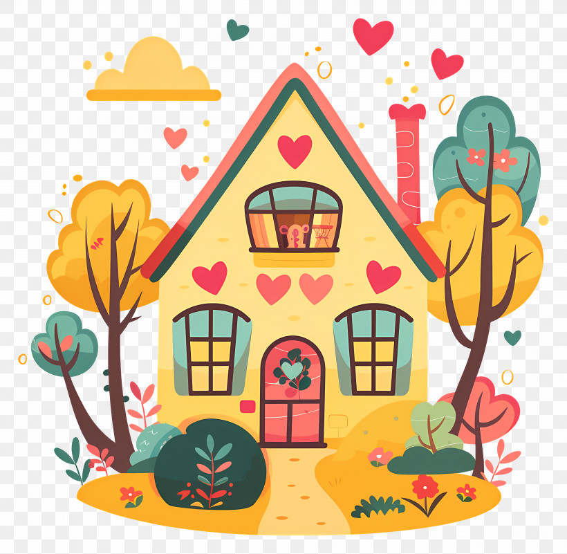 Cute House - Cartoon House With Hearts In A Charming Garden, PNG ...