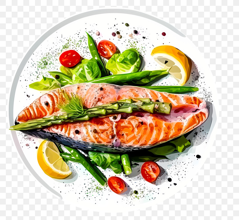 Fish Dish Simplistic Vector Art - Grilled Salmon With Vegetables And ...