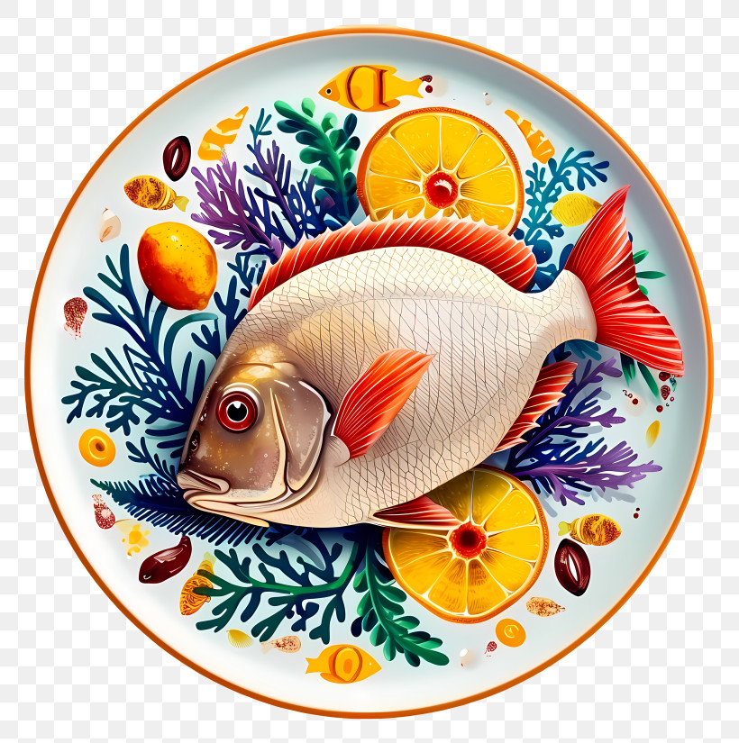 Cartoon Fish Dish - Decorative Plate With Fish And Garnish, PNG ...