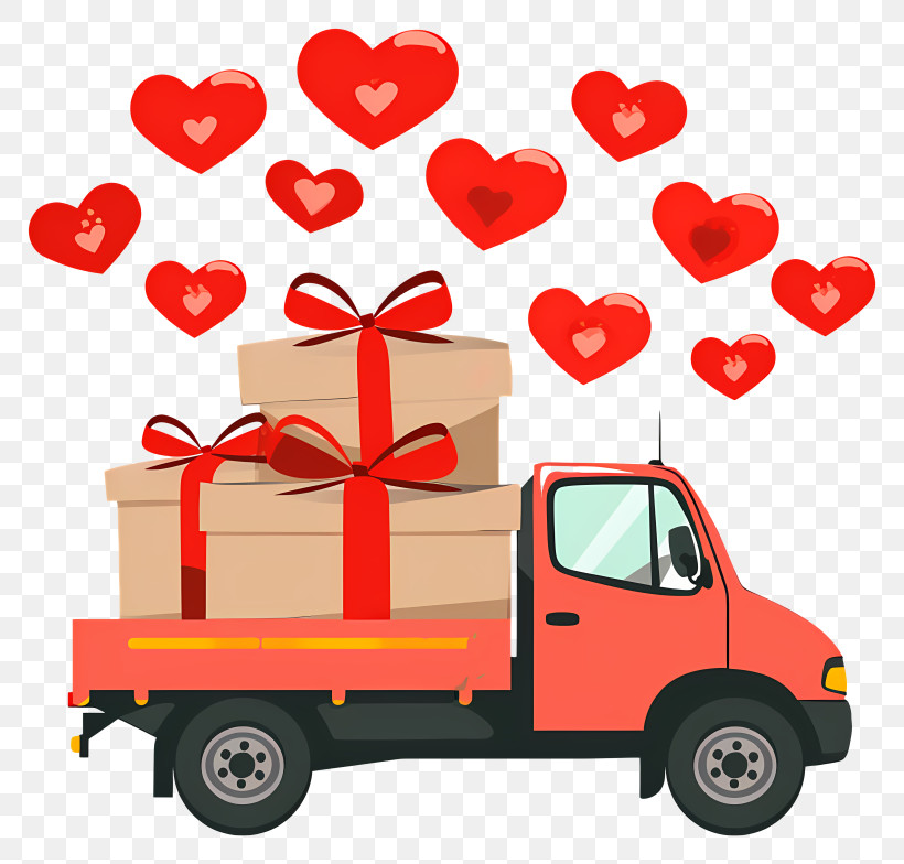 Valentine Gift Delivery - Red Truck Carrying Gift Boxes And Hearts, PNG ...