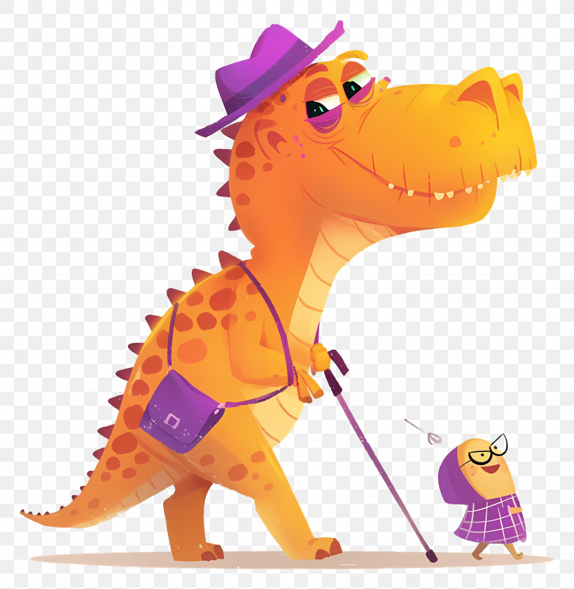 Cute Orange Dinosaur - Dinosaur With Hat And Walking Stick, PNG ...