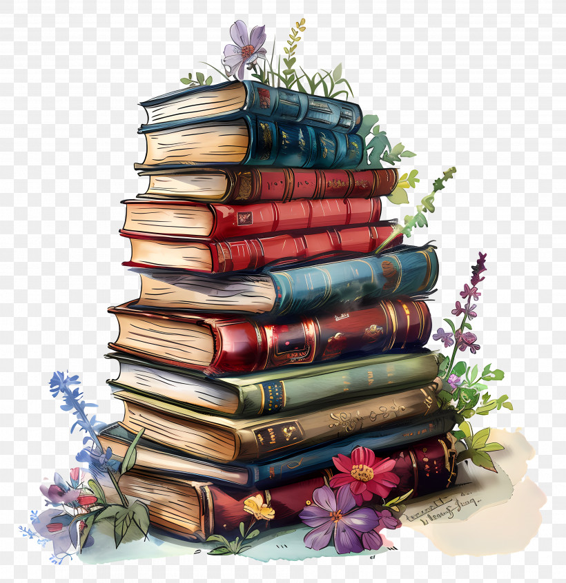 Book Pile - Vintage Stack Of Books With Floral Decor, PNG, 3776x3896px ...