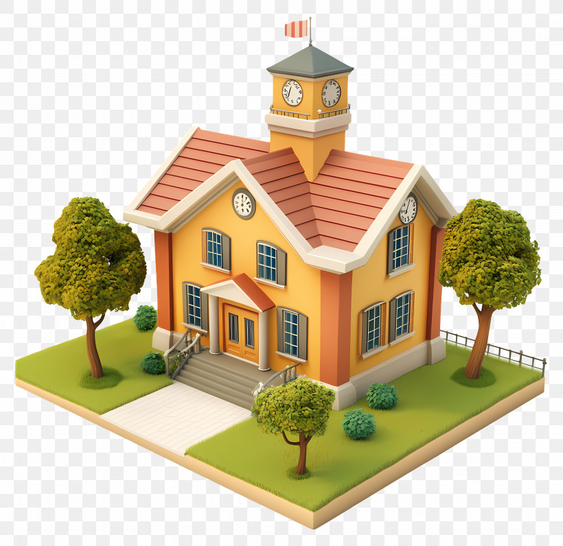 Animated School - Charming School Building With Clock Tower And ...