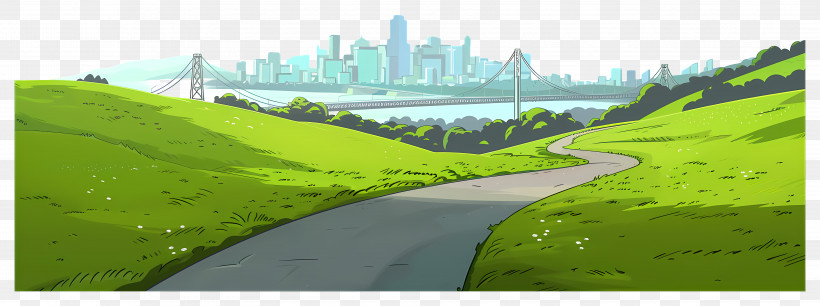 Cartoon Road - Pathway Through Green Field With Cityscape View, PNG ...