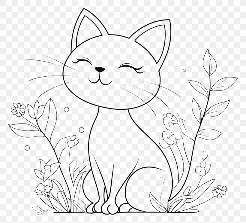 Outline Cat - Smiling Cat With Flowers In Cartoon Style, PNG ...