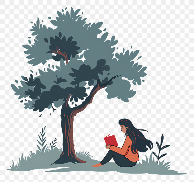 Girl Reading Book - Girl Reading Under A Tree Illustration, PNG ...
