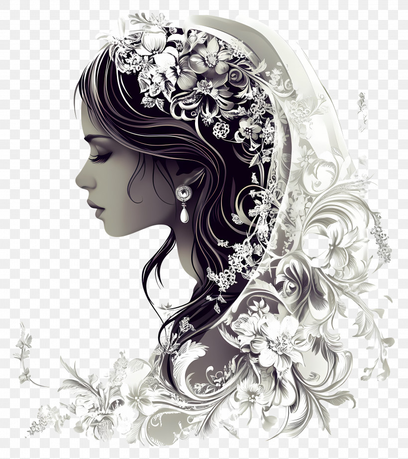 Bride Profile - Floral Silhouette Of A Woman, PNG, 3856x4336px, Bride ...