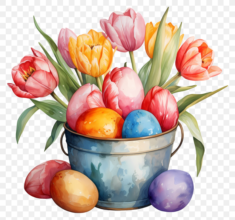 Tulips - Easter Eggs And Tulips In Decorative Bucket, PNG, 4216x3960px ...