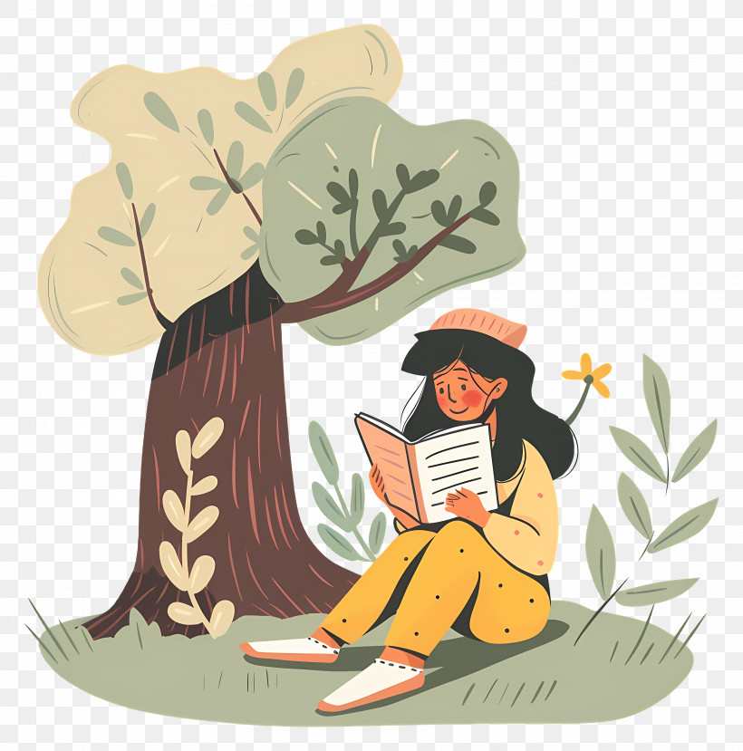 Girl Reading Book - Illustration: Woman Reading Under A Tree, PNG ...