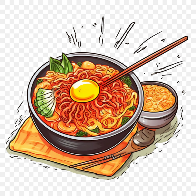 Doodle Korean Food - Spicy Ramen Bowl With Egg And Vegetables Drawing ...