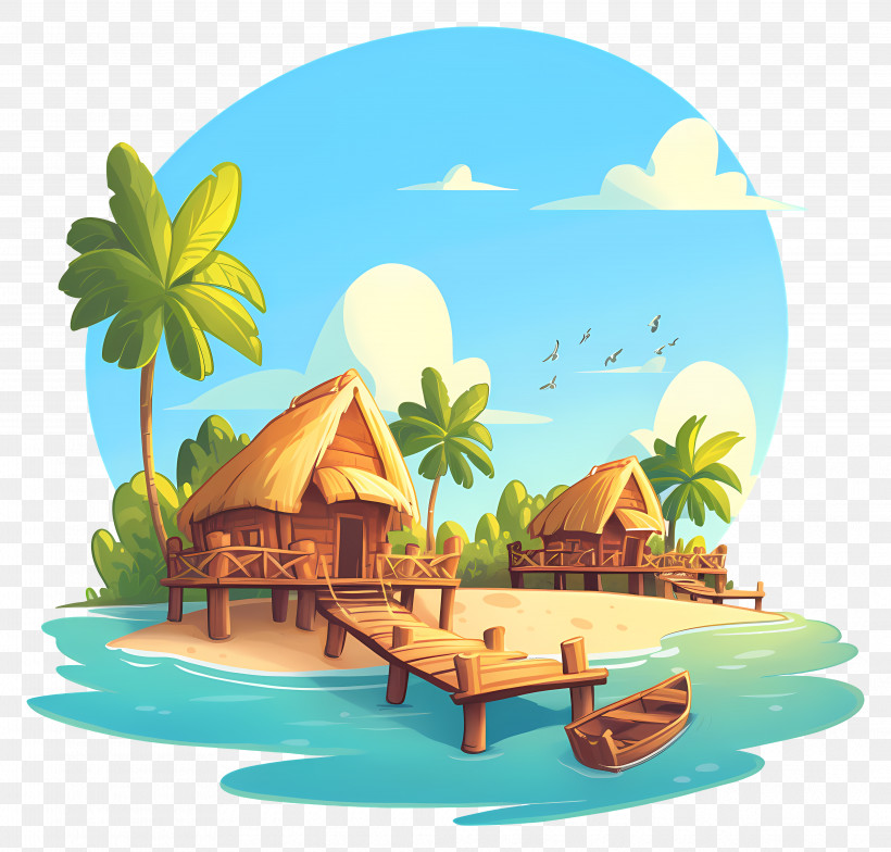 Tropical Beach Resort - Tropical Cartoon Houses By A Serene Beach, PNG ...