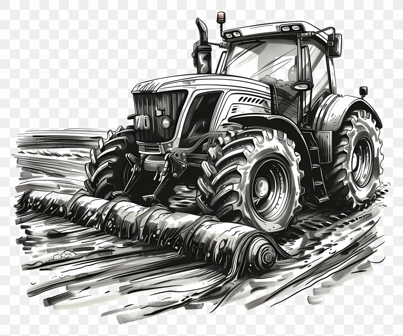 Contour Plowing - Black And White Tractor In Agricultural Field, PNG ...