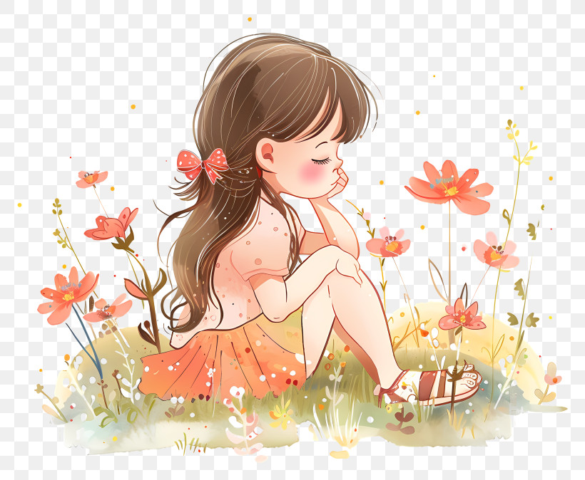 Spring Time - Daydreaming Girl Sitting Amid Flowers, PNG, 4164x3424px ...