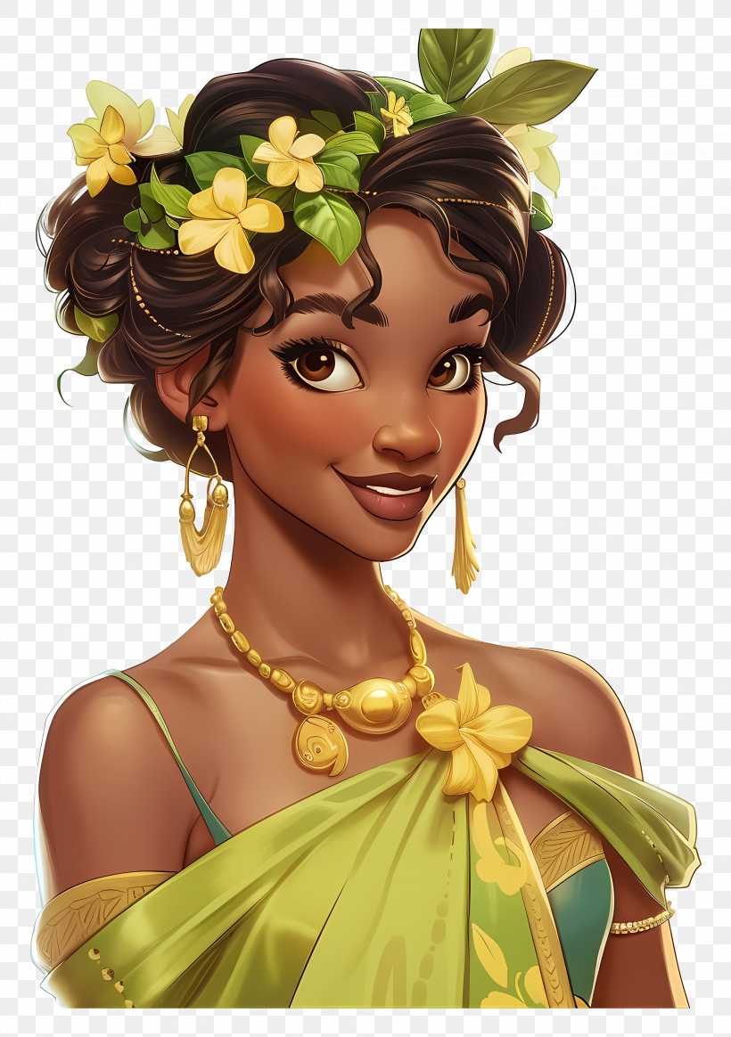 Tiana Princess - Cartoon Woman With Floral Accents And Jewelry, PNG ...