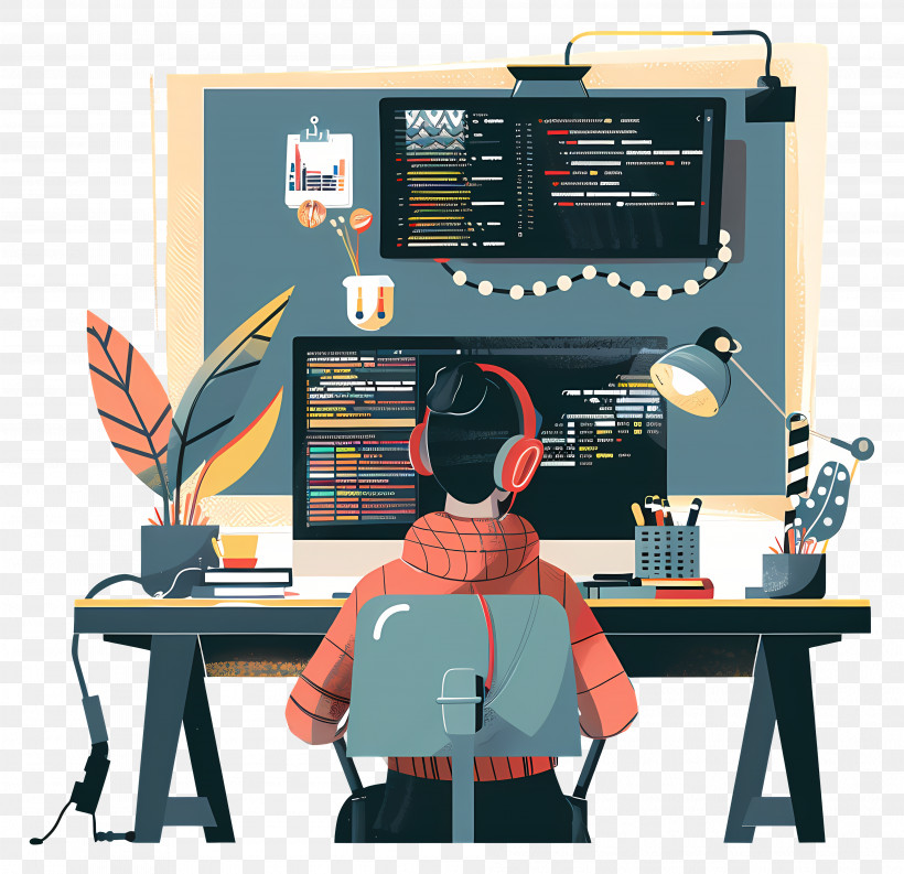 Coding Coder At Desk With Multiple Monitors Png 3792x3668px Coding Digital Art Monitors