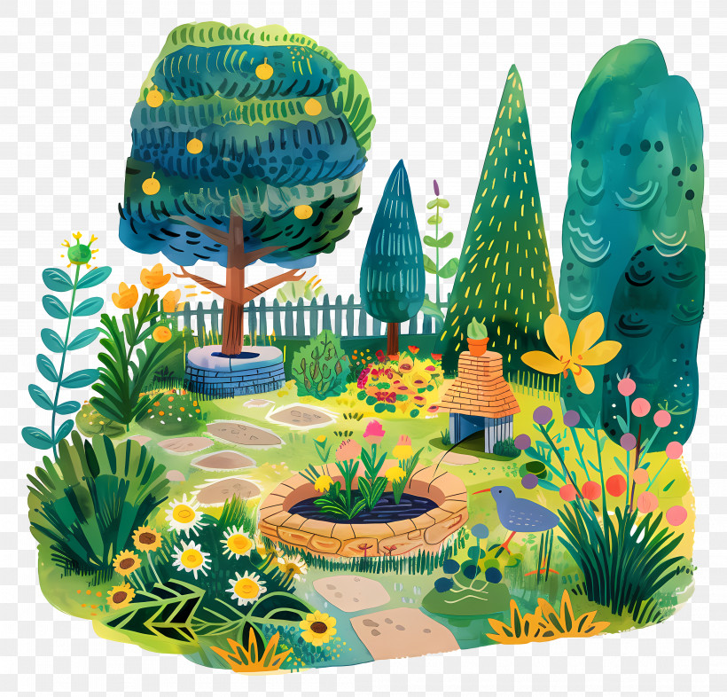 Garden Backyard Scene - Colorful Garden With Trees And Flowers, PNG ...