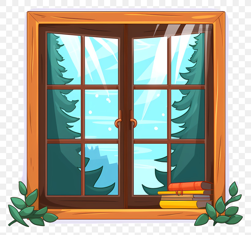 Window With Trees Outside - Wooden Window With Books And Plants, PNG ...