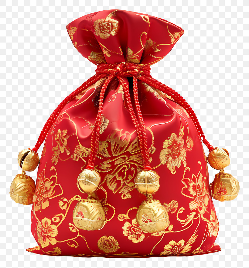 Money Bag - Red Chinese Pouch With Golden Bell Embellishments, PNG ...