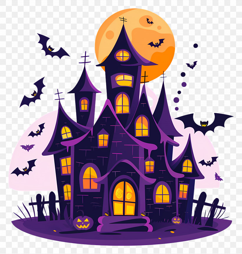 Halloween Town - Purple Haunted House Illustration, PNG, 3632x3816px ...