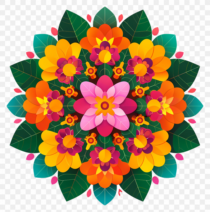 Pookalam - Bright Mandala Pattern With Colorful Flowers And Leaves, PNG ...