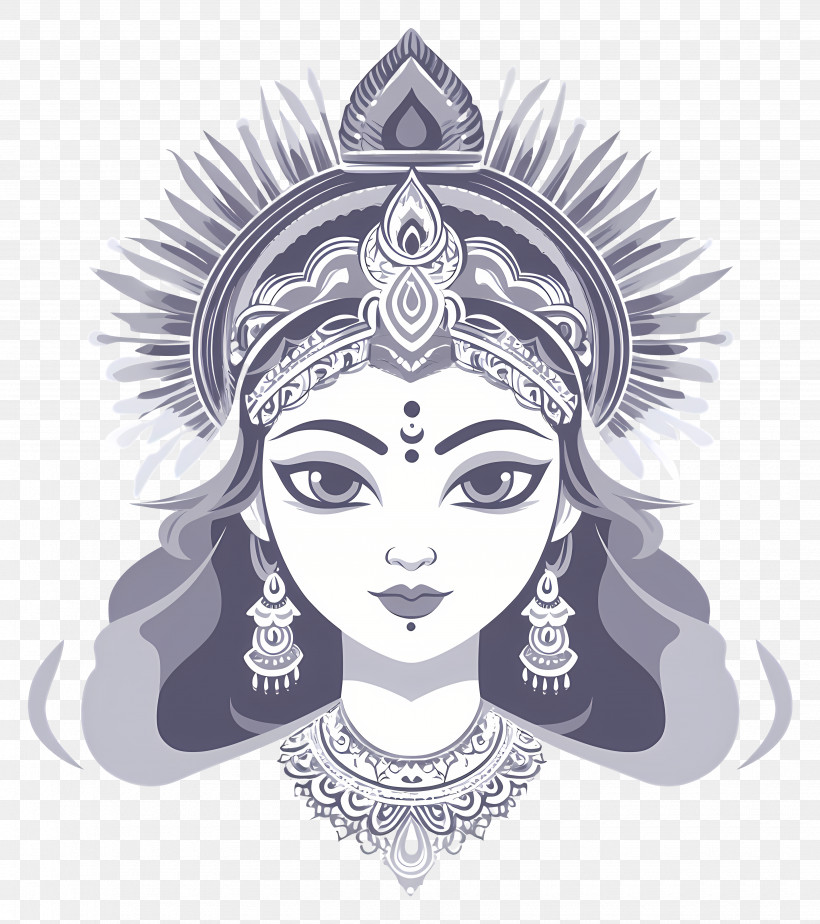 Navratri - Divine Goddess Illustration In Monochrome, PNG, 3680x4148px ...