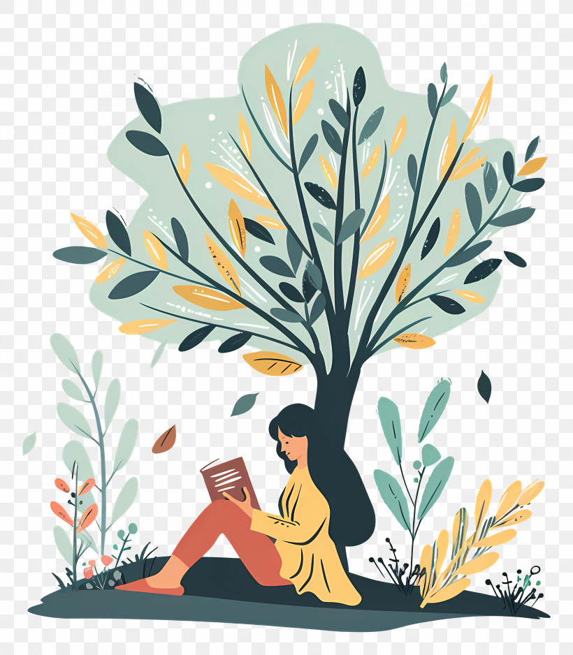 Girl Reading Book - Woman Reading Under A Tree Illustration, PNG ...