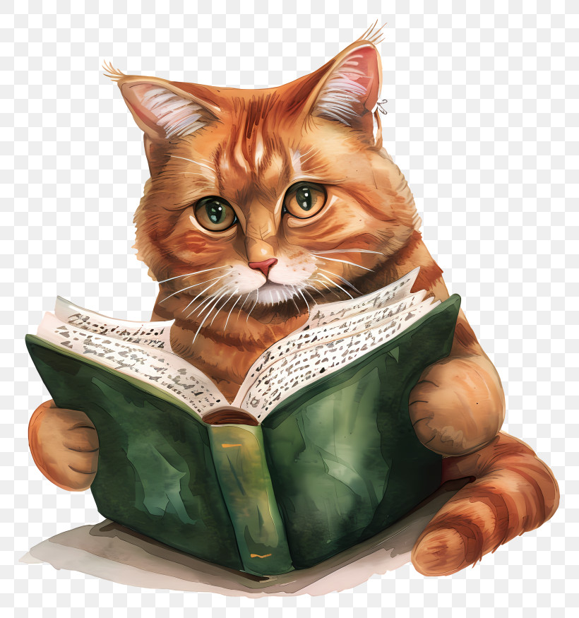 Cat Reading - Orange Cat Reading A Book Illustration, PNG, 3792x4048px ...