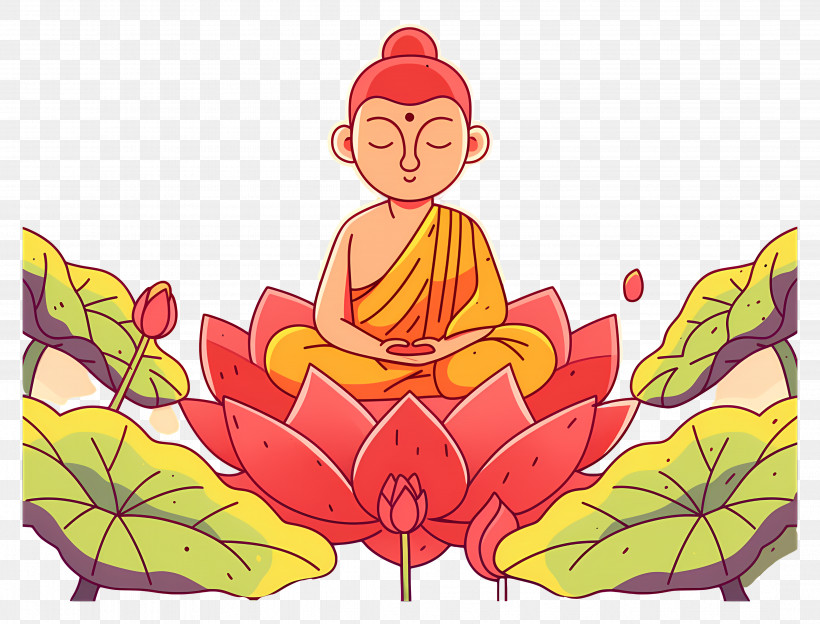 Vesak Day - Buddha Meditating On A Lotus Flower In Cartoon Style, PNG ...