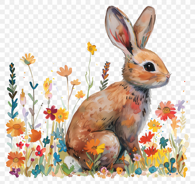 Rabbit - Cute Rabbit Surrounded By Flowers, PNG, 4204x3964px, Rabbit ...