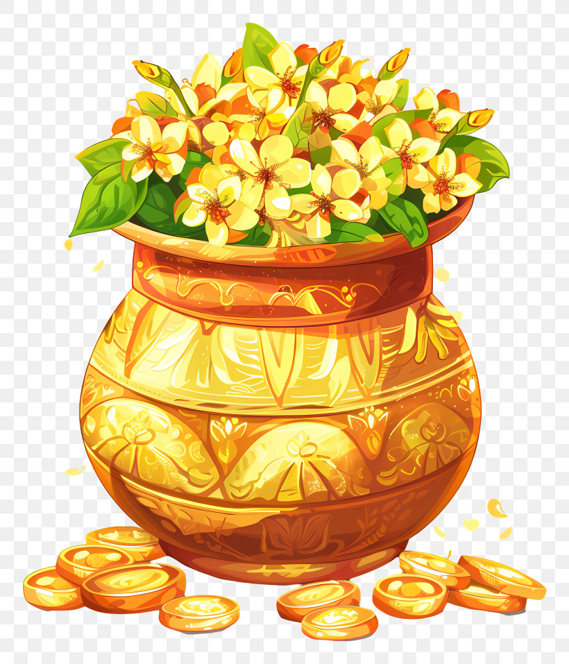 Dhanteras Kalash - Golden Pot With Flowers And Coins, PNG, 3124x3648px ...