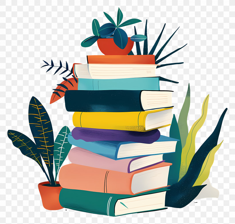 Books Pile - Colorful Stacked Books With Plant Decor, PNG, 3928x3752px ...
