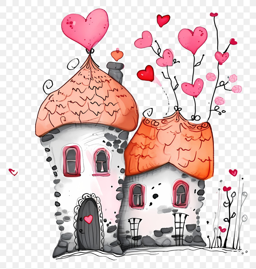 Doodle Valentine House - Whimsical Cartoon House With Hearts, PNG ...