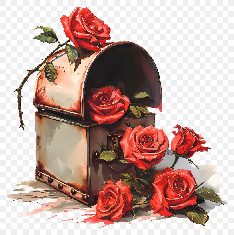 Valentine Mail Box - Vintage Chest With Red Roses, PNG, 4160x4168px ...