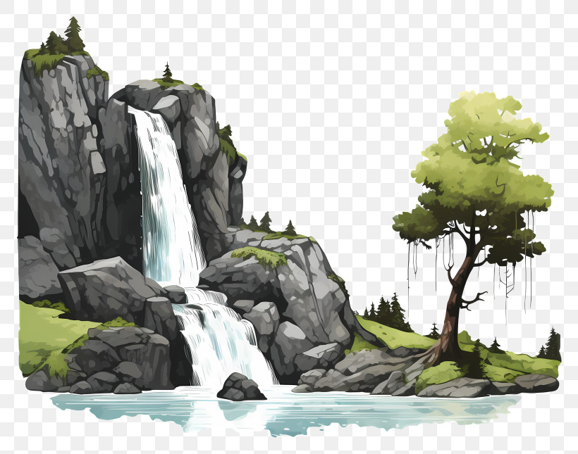 Sketch Style Waterfall - Waterfall With Rocky Landscape, PNG ...
