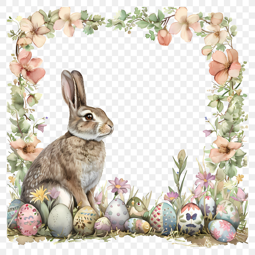 Easter Frame - Easter Bunny And Decorated Eggs With Floral Frame, PNG ...