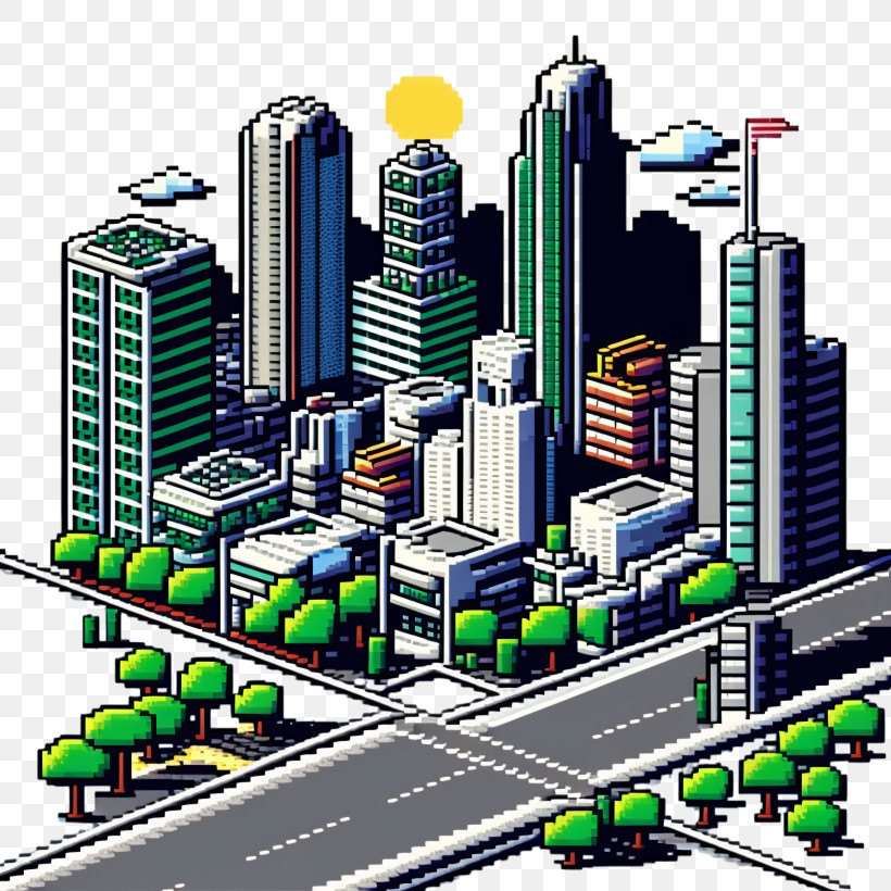 Pixel Art City - Urban City With Skyscrapers And Sun, PNG, 4096x4096px ...