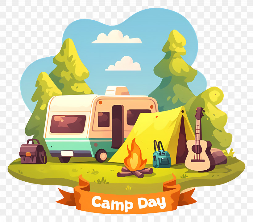 National Camp Day - Cartoon Camping Scene With Caravan And Tent, PNG ...