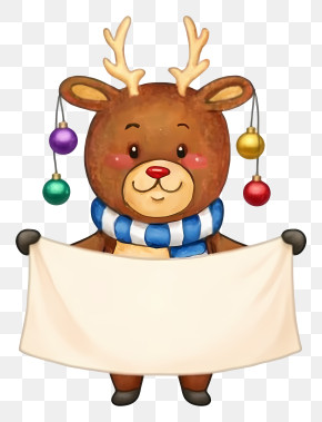 Deer Holding Blank Banner - Smiling Reindeer Holding Blank Sign PNG