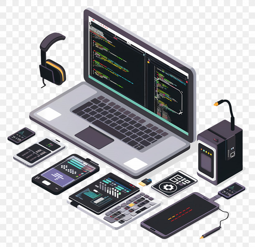 System Configuration - Laptop With Assorted Gadgets For Coding And Technology, PNG, 4184x4052px ...