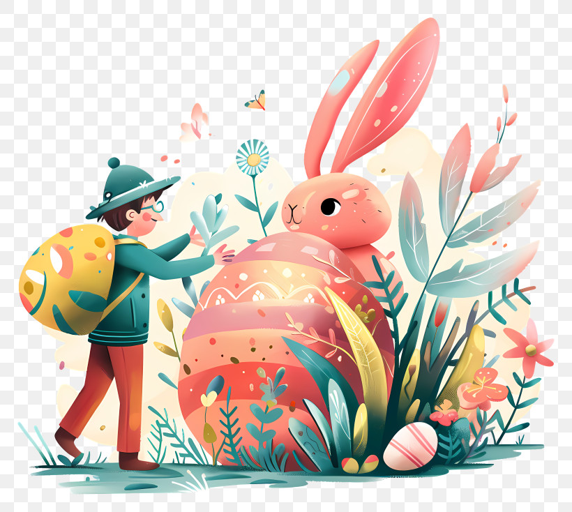 Easter Egg Hunting - Boy With Giant Rabbit In Spring Garden, PNG ...