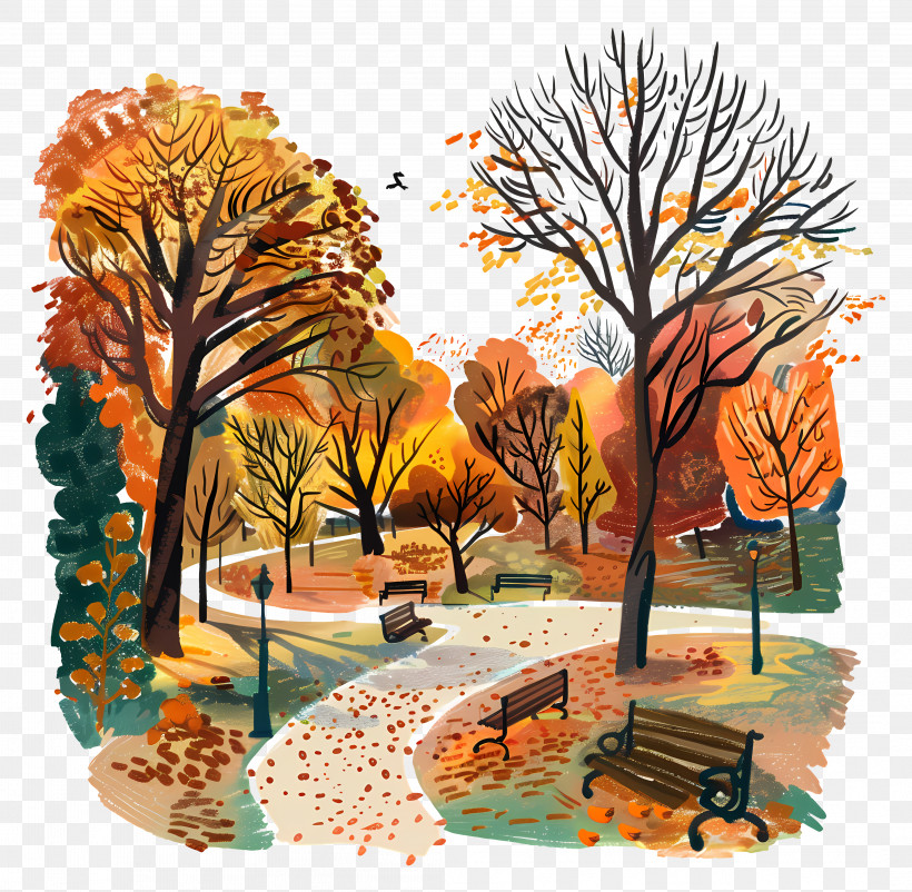 Autumn Park - Autumn Park Illustration With Benches And Trees, PNG ...