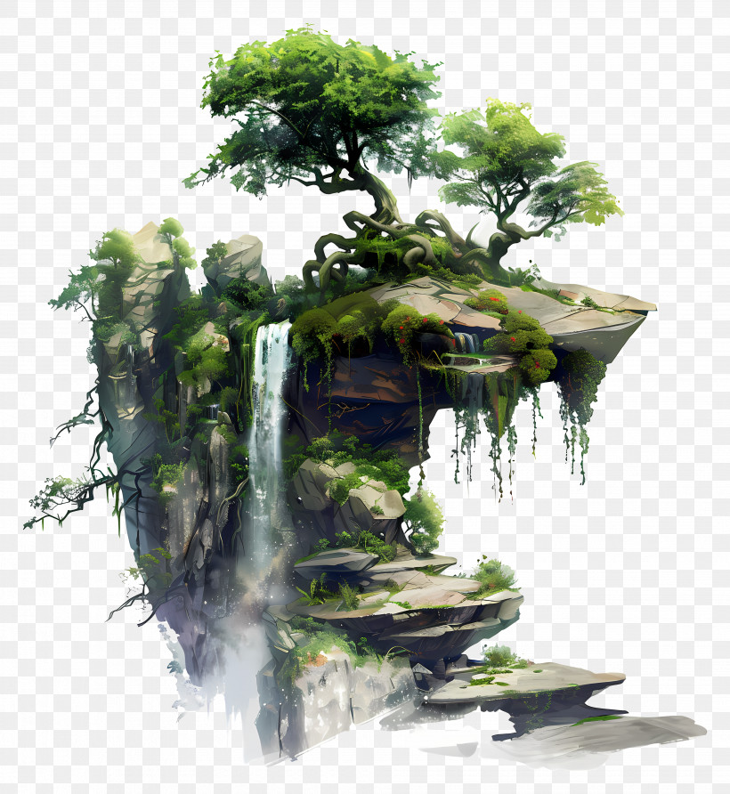 China - Mystical Floating Rock With Waterfall And Trees, PNG ...