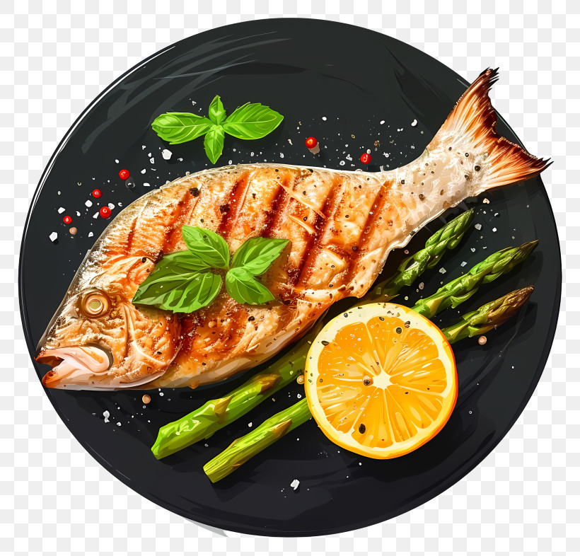 Fish Dish Simplistic Vector Art - Grilled Fish Dish With Garnishes On ...