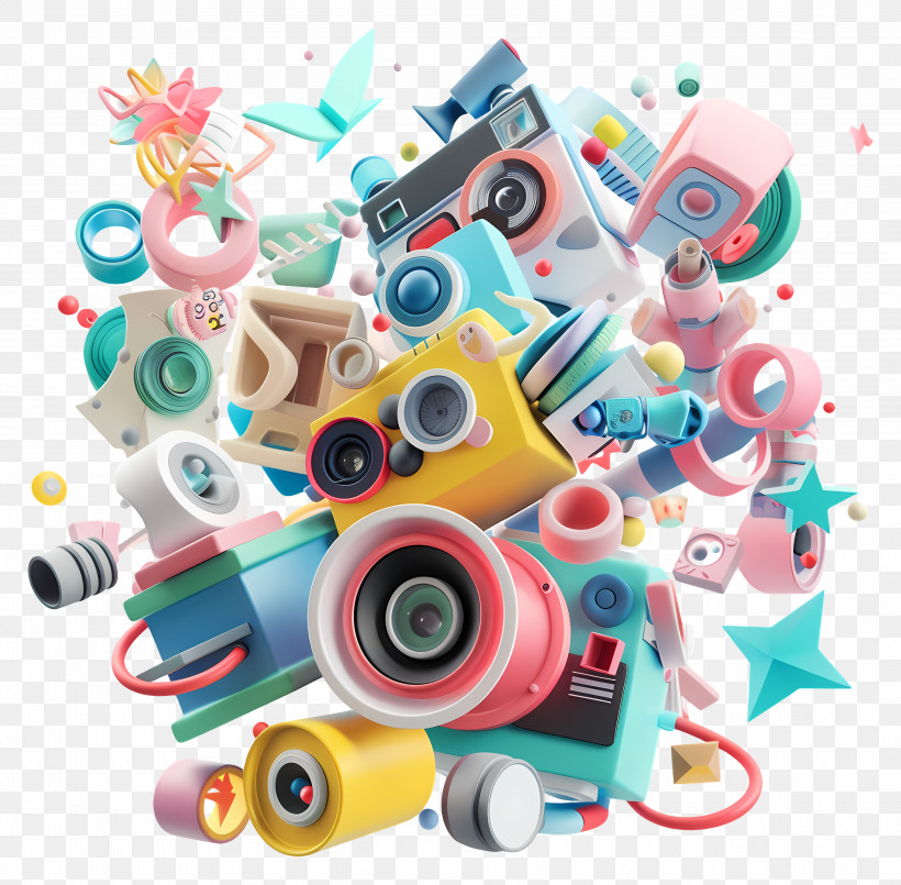 3d Camera - Colorful Cameras And Objects Collage, PNG, 3976x3904px, 3d Camera, Art, Cameras ...