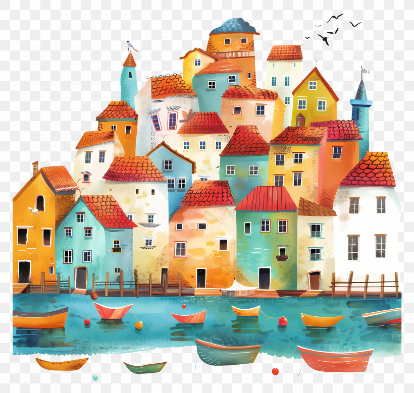 Fishing Village - Colorful Seaside Houses With Boats, PNG, 4152x3948px ...