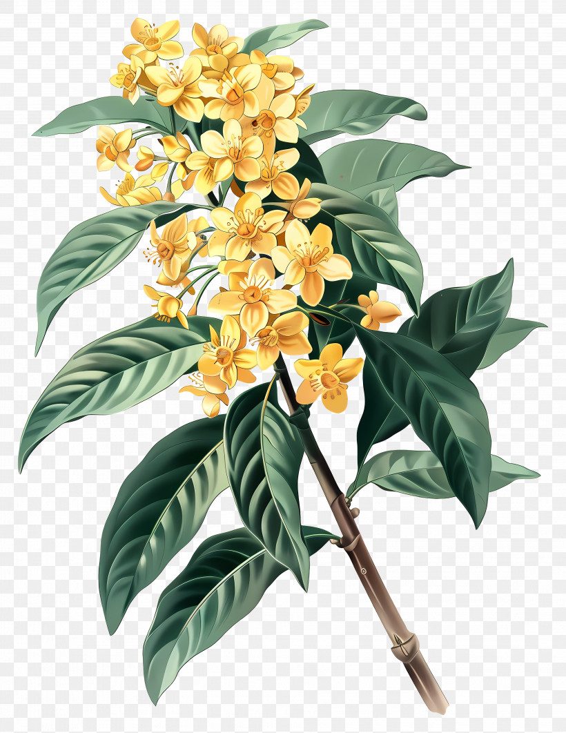 Osmanthus Flower - Yellow Flower Sprig Illustration With Green Leaves ...