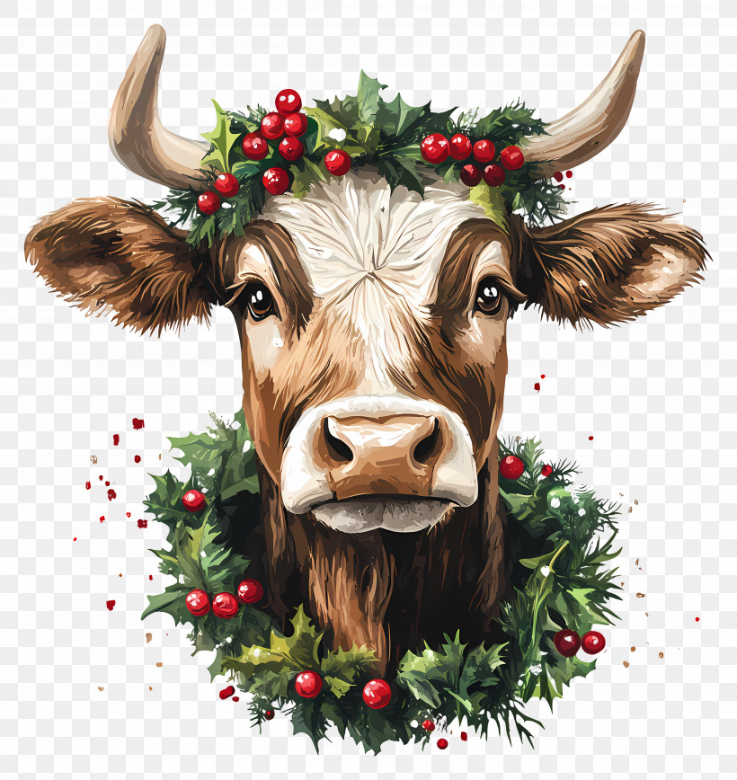 Christmas Cow - Festive Cow With Holly Wreath, PNG, 3796x4020px ...