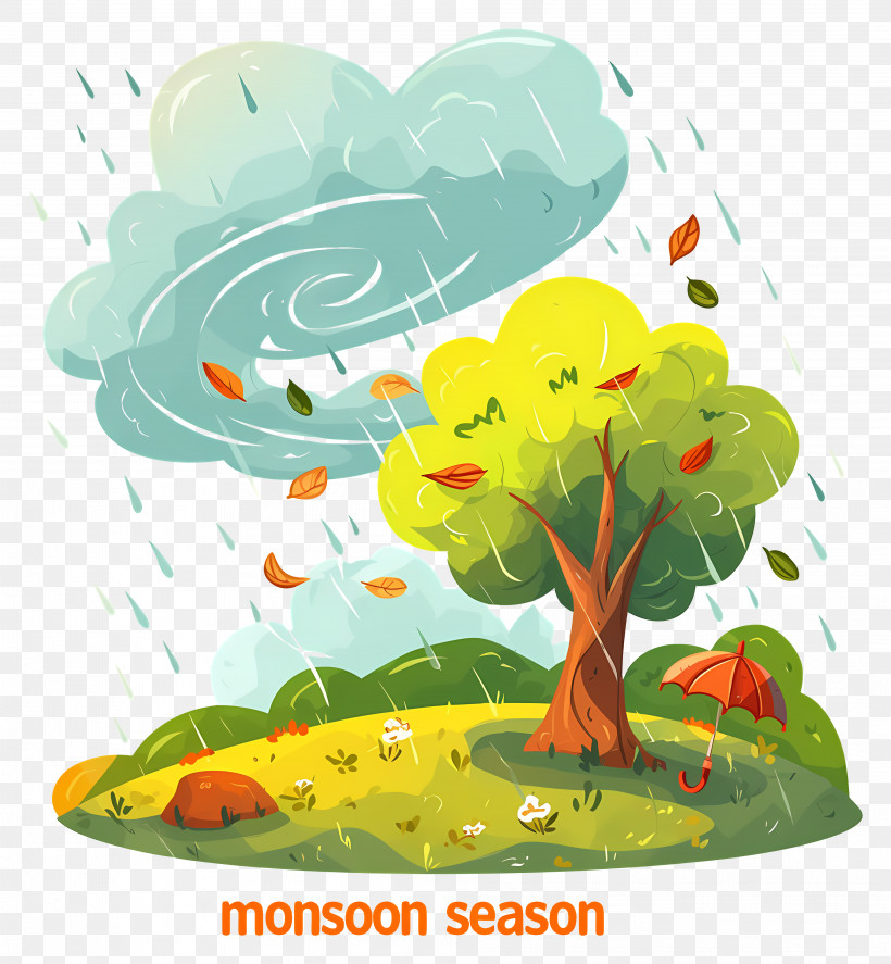 Monsoon Season - Monsoon Season Illustration With Raindrops And Scenic ...