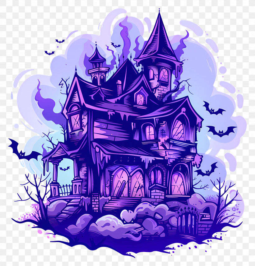 Spooky House - Spooky Purple Haunted House Art, PNG, 3956x4124px ...