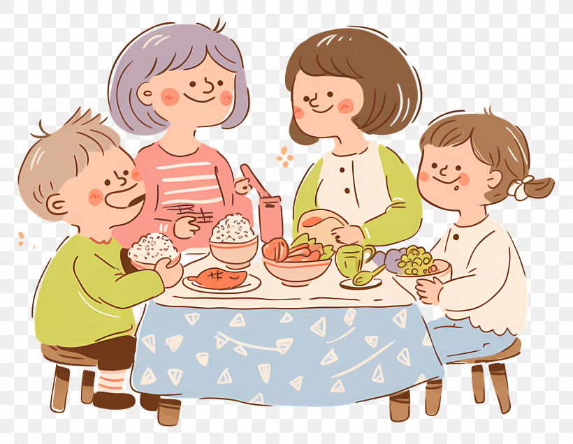 Happy Family Eating - Family Dinner Cartoon Illustration, PNG ...